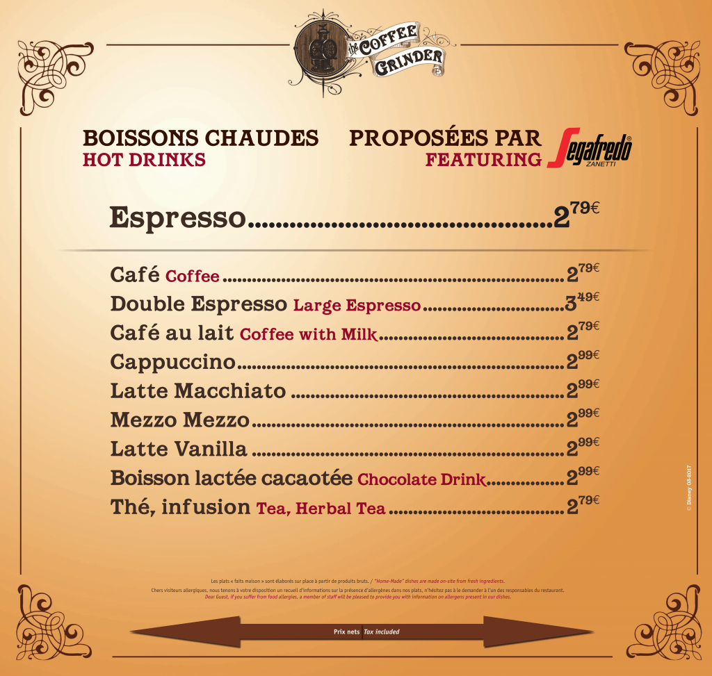 The Coffee Grinder menu at Disneyland Park - Restaurants and menus ...