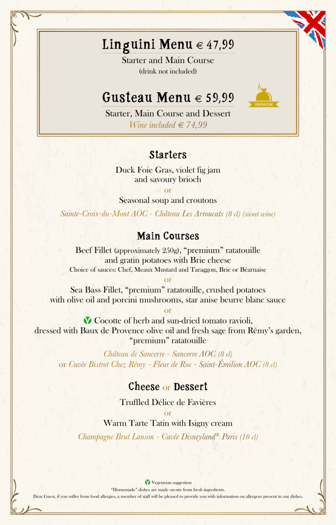 Bistrot chez Rémy Menu at Walt Disney Studios Park - Restaurants and ...